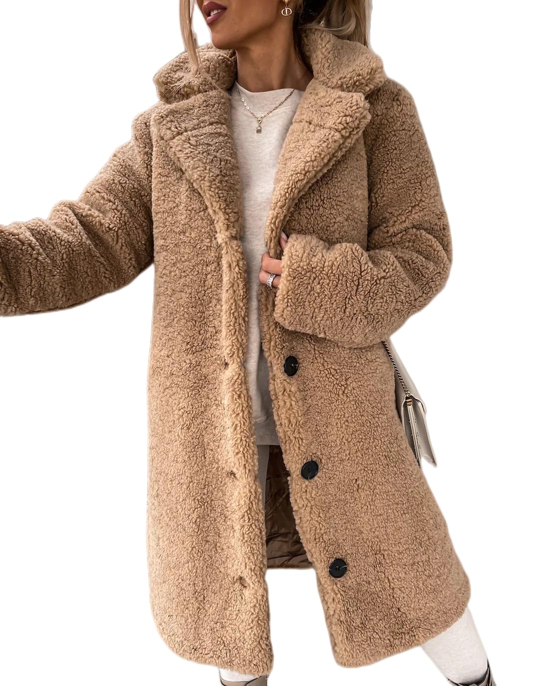 Winter Coats for Women Fuzzy Fleece Long Shacket Jackets Oversized Fashion Lapel Open Front Cardigan Warm Outwear B-Khaki