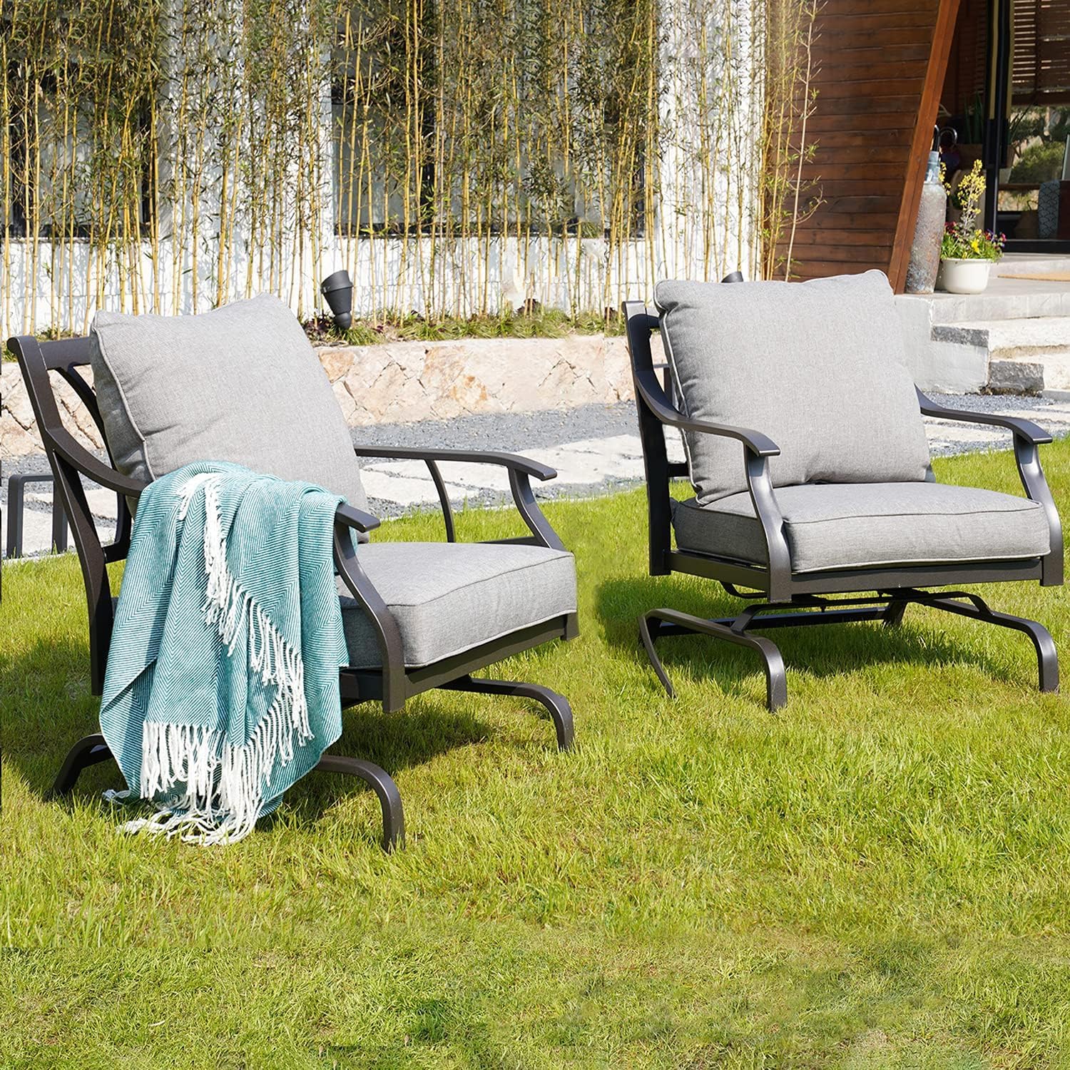 Grand patio Stationary Rocker Set of 2, Motion Chair, Outdoor Patio Seating Chair, Padded Cushion Chair-Grey