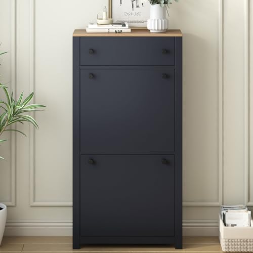 Shoe Storage Cabinet with 2 Flip Drawers, Narrow Shoe Cabinet for Entryway Slim with Wood Grain Top, Wall Hidden Shoe Organizer Cabinet with Adjustable Shelves for Entryway, Hallway, Black