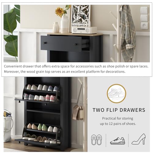Shoe Storage Cabinet with 2 Flip Drawers, Narrow Shoe Cabinet for Entryway Slim with Wood Grain Top, Wall Hidden Shoe Organizer Cabinet with Adjustable Shelves for Entryway, Hallway, Black