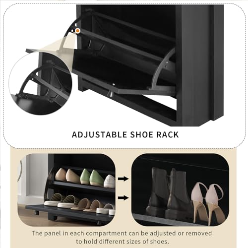 Shoe Storage Cabinet with 2 Flip Drawers, Narrow Shoe Cabinet for Entryway Slim with Wood Grain Top, Wall Hidden Shoe Organizer Cabinet with Adjustable Shelves for Entryway, Hallway, Black