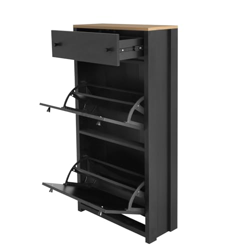 Shoe Storage Cabinet with 2 Flip Drawers, Narrow Shoe Cabinet for Entryway Slim with Wood Grain Top, Wall Hidden Shoe Organizer Cabinet with Adjustable Shelves for Entryway, Hallway, Black