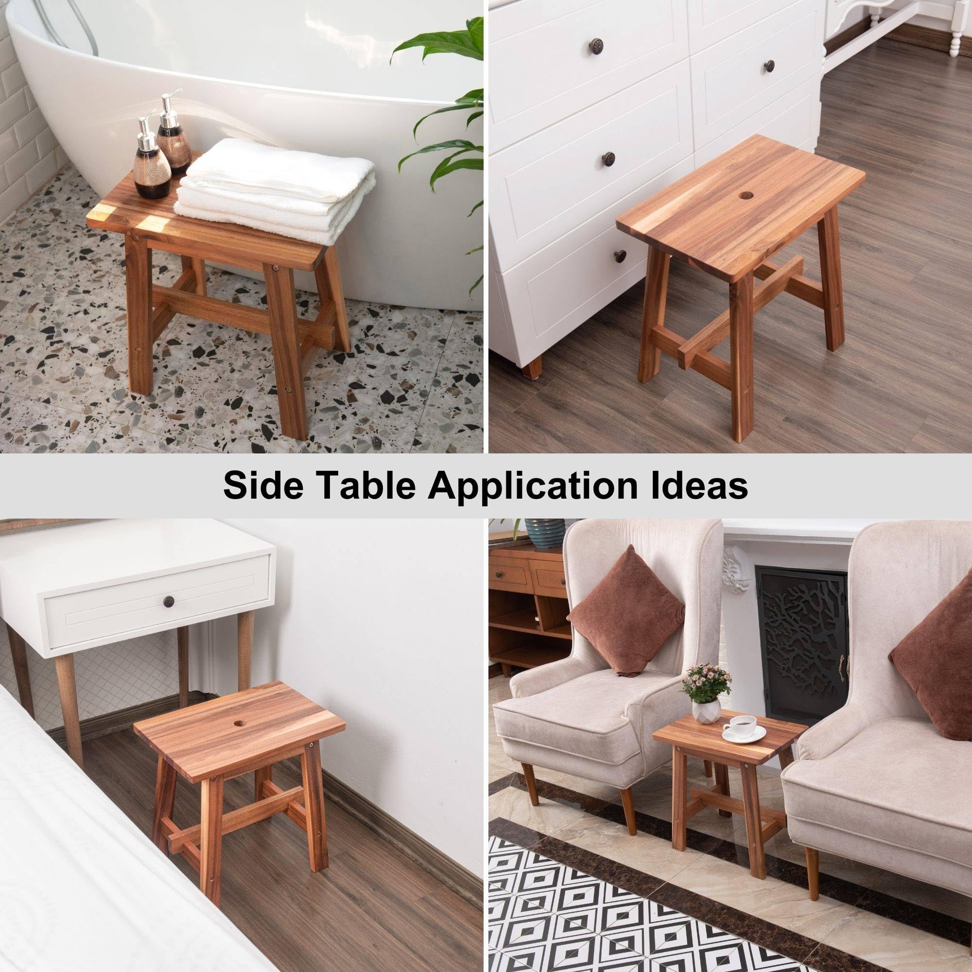 Dolonm Acacia Wood Stool Rectangle Small End Table, for Living Room Sofa Stool, Bedroom Makeup Stool, Bathroom Stool Wood 17.7" D x 11.4" W x 17.5" H, Natural