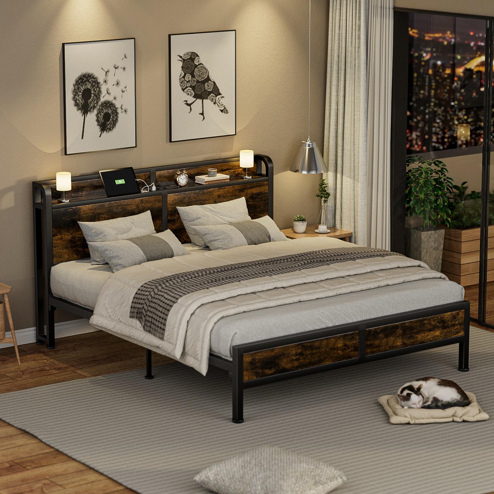 AnikSunny Queen Size Bed Frame - Metal Platform Bed Frame with Wood Storage Headboard Charging Station,Heavy Duty Bedframe, No Box Spring Needed,Solid and Easy Assembly,Rustic Brown