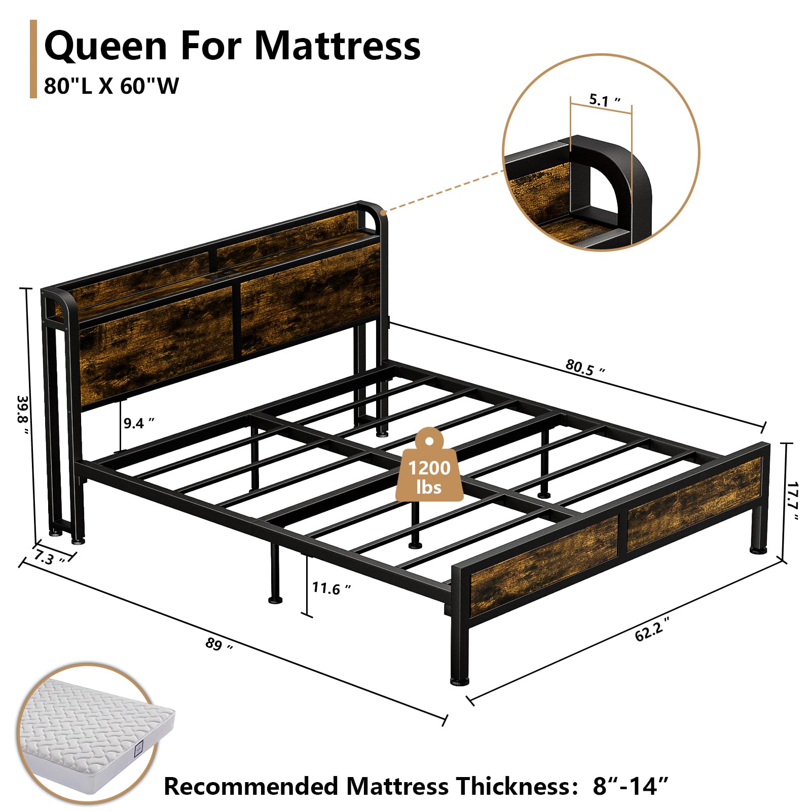 AnikSunny Queen Size Bed Frame - Metal Platform Bed Frame with Wood Storage Headboard Charging Station,Heavy Duty Bedframe, No Box Spring Needed,Solid and Easy Assembly,Rustic Brown