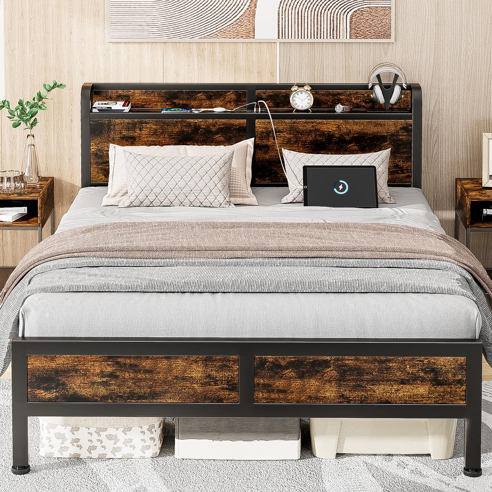 AnikSunny Queen Size Bed Frame - Metal Platform Bed Frame with Wood Storage Headboard Charging Station,Heavy Duty Bedframe, No Box Spring Needed,Solid and Easy Assembly,Rustic Brown