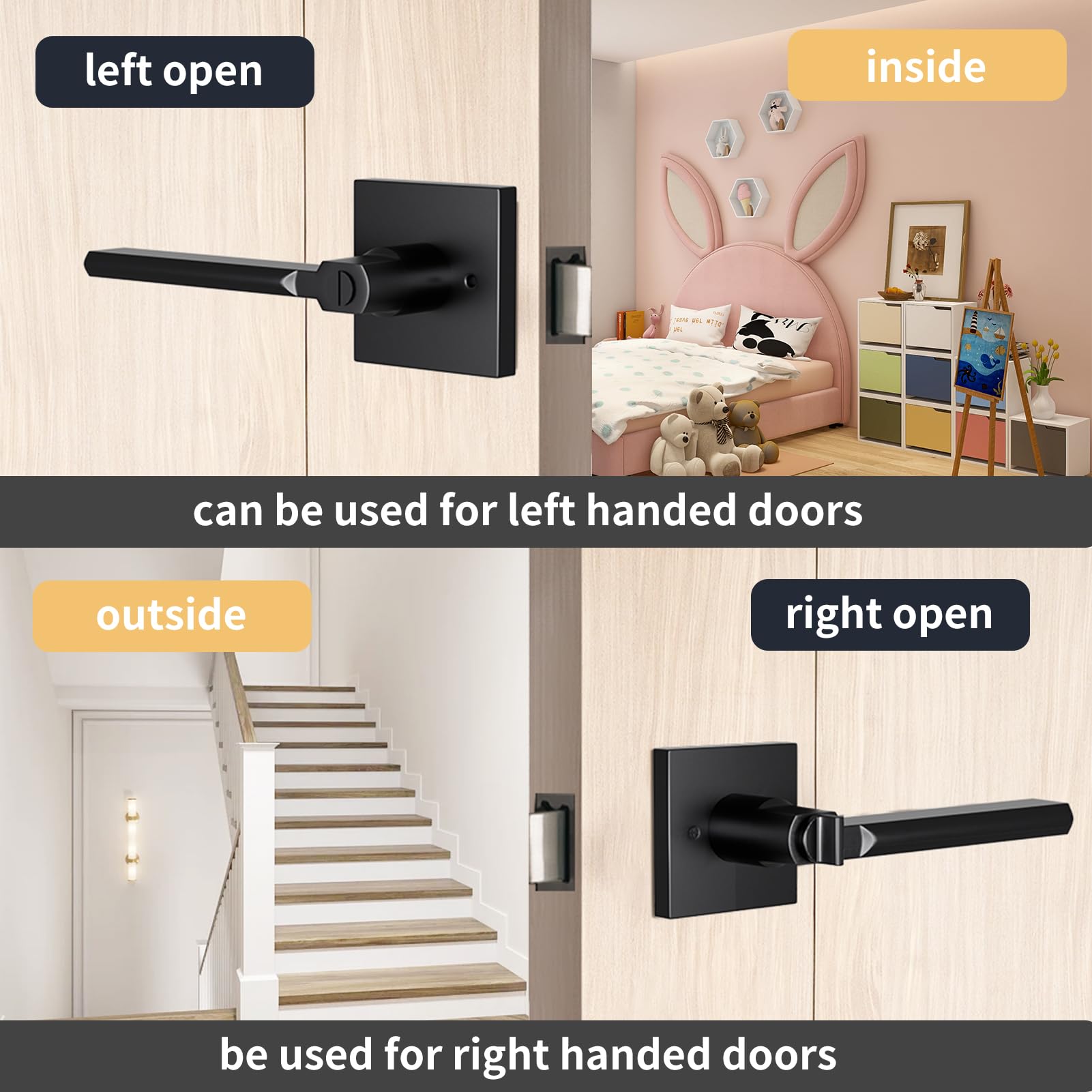 Alpacasso 7PCS Interior Door Lever Handle Lock Set from Inside Privacy Passage Bedroom Locker Door Heavy Duty Hardware Gate Hinges Spring Baseboard Stopper Knob Deadbolt Keyless for Kids Child Safety