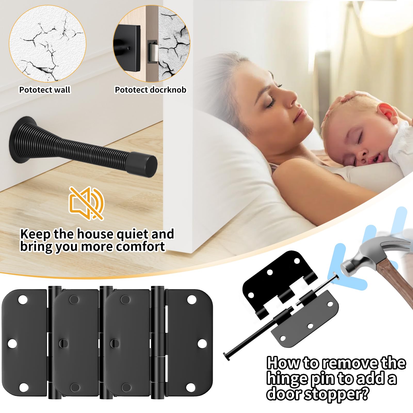 Alpacasso 7PCS Interior Door Lever Handle Lock Set from Inside Privacy Passage Bedroom Locker Door Heavy Duty Hardware Gate Hinges Spring Baseboard Stopper Knob Deadbolt Keyless for Kids Child Safety