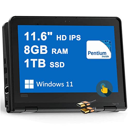 Lenovo ThinkPad Yoga 11e Gen 5 2-in-1 Laptop 11.6" HD IPS Anti-Glare Touchscreen Display Intel Quad-core Silver N5030 Processor 8GB RAM 1TB SSD Intel UHD Graphics 605 USB-C Pen Win11 + HDMI Cable
