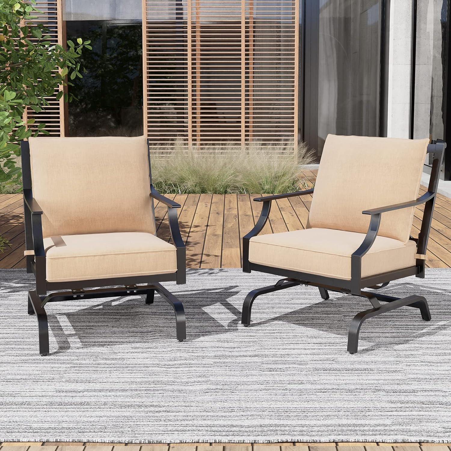 Grand patio Outdoor Patio Seating Chair, Motion Chair, Stationary Rocker, Padded Cushion Chair, Set of 2-Beige
