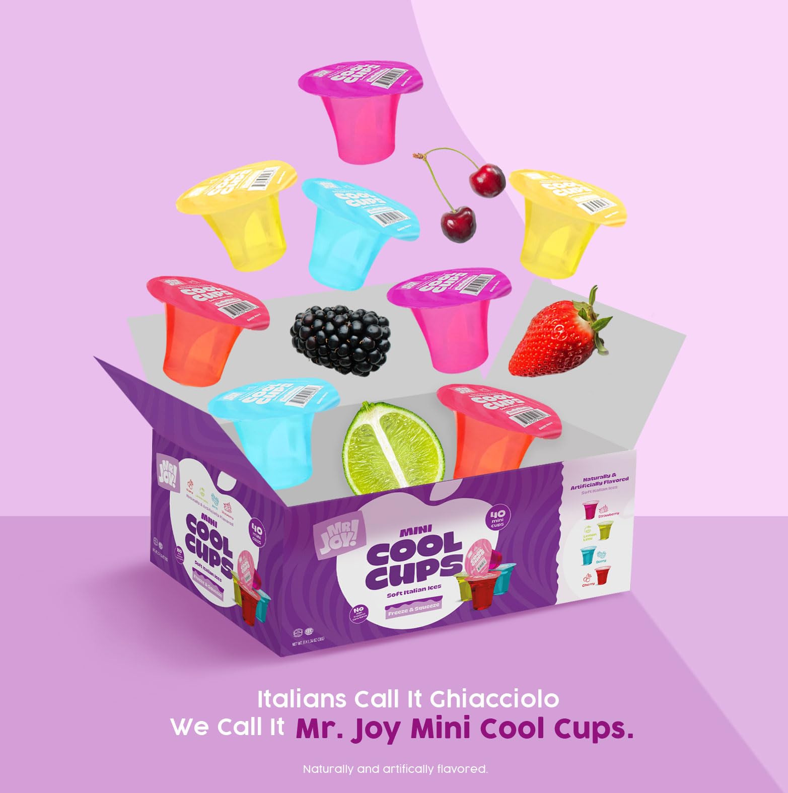 Mr. Joy Soft Italian Ices -Ships Non Frozen Assorted Flavors Mini Cool Cups Variety Pack (40 x 1.34oz) - Freeze & Enjoy - 40 Pantry-safe Mini Italian Ices Dessert Cups (1 Box (40 Cups))