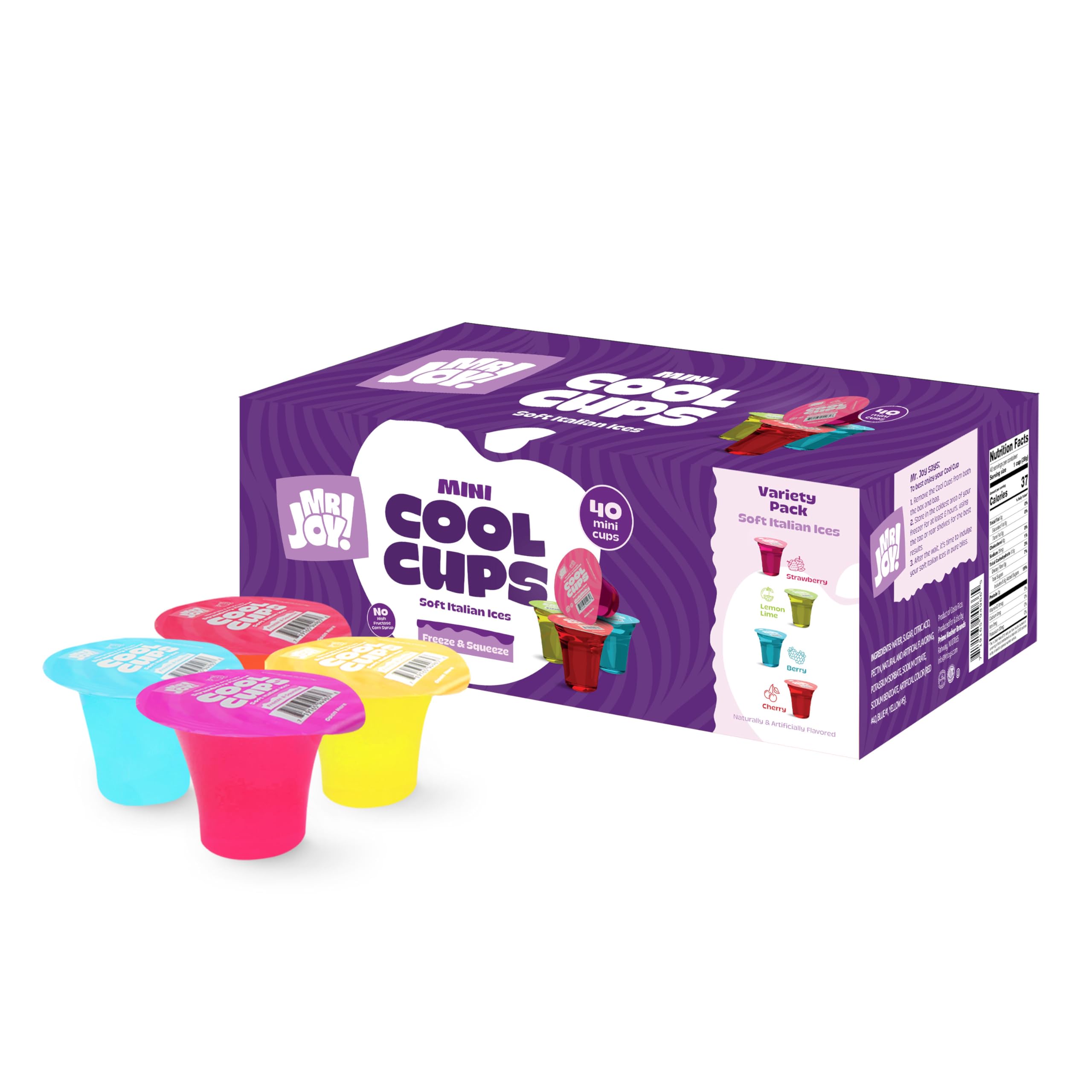 Mr. Joy Soft Italian Ices -Ships Non Frozen Assorted Flavors Mini Cool Cups Variety Pack (40 x 1.34oz) - Freeze & Enjoy - 40 Pantry-safe Mini Italian Ices Dessert Cups (1 Box (40 Cups))