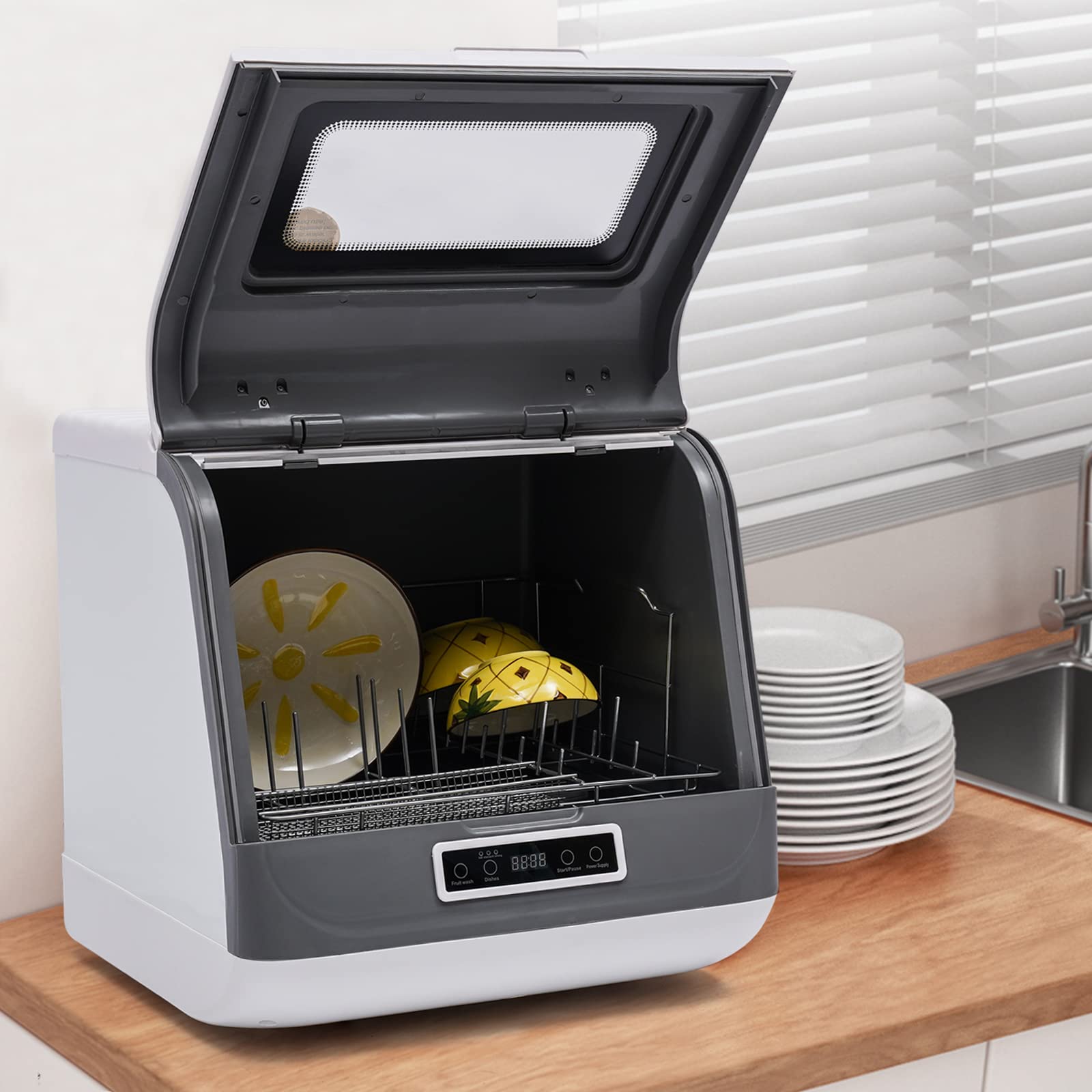 HuaShuani Countertop Dishwasher, Mini Portable Compact Dishwasher, No Installation, with Air Drying Function, Built-in 9L/2.37 Gallon Tank (12-20 Utensils), 4 Wash Programs, 360° Spray Clean, White