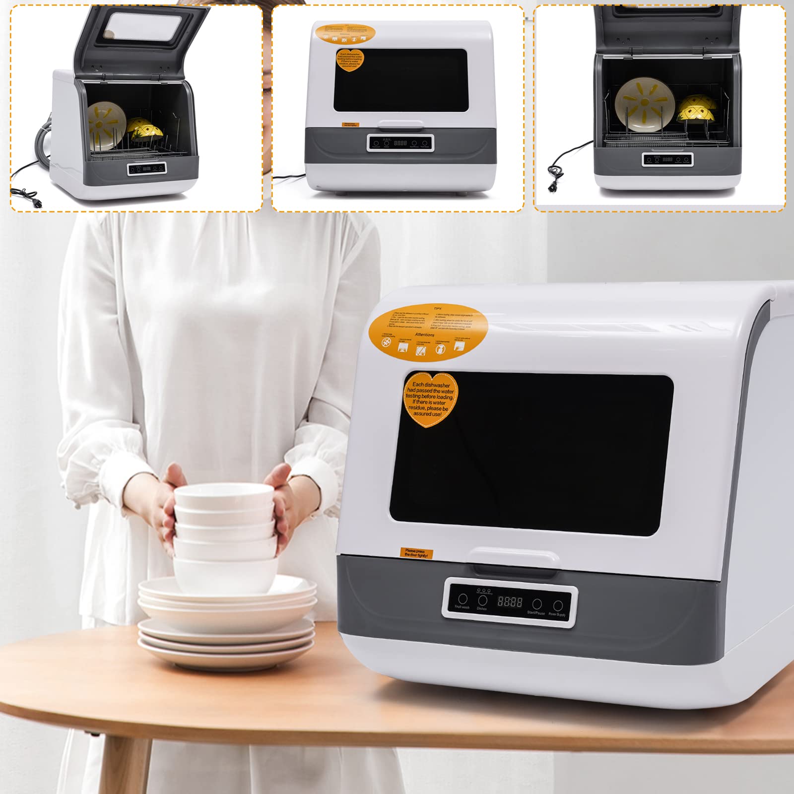 HuaShuani Countertop Dishwasher, Mini Portable Compact Dishwasher, No Installation, with Air Drying Function, Built-in 9L/2.37 Gallon Tank (12-20 Utensils), 4 Wash Programs, 360° Spray Clean, White