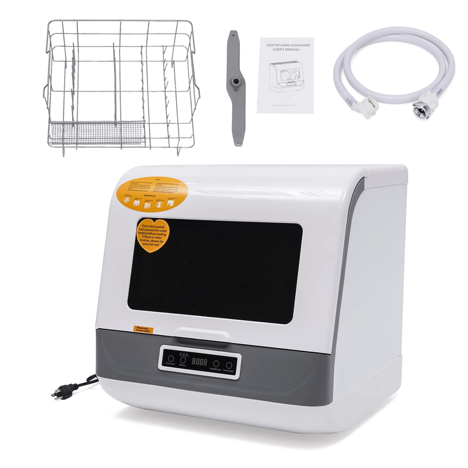 HuaShuani Countertop Dishwasher, Mini Portable Compact Dishwasher, No Installation, with Air Drying Function, Built-in 9L/2.37 Gallon Tank (12-20 Utensils), 4 Wash Programs, 360° Spray Clean, White