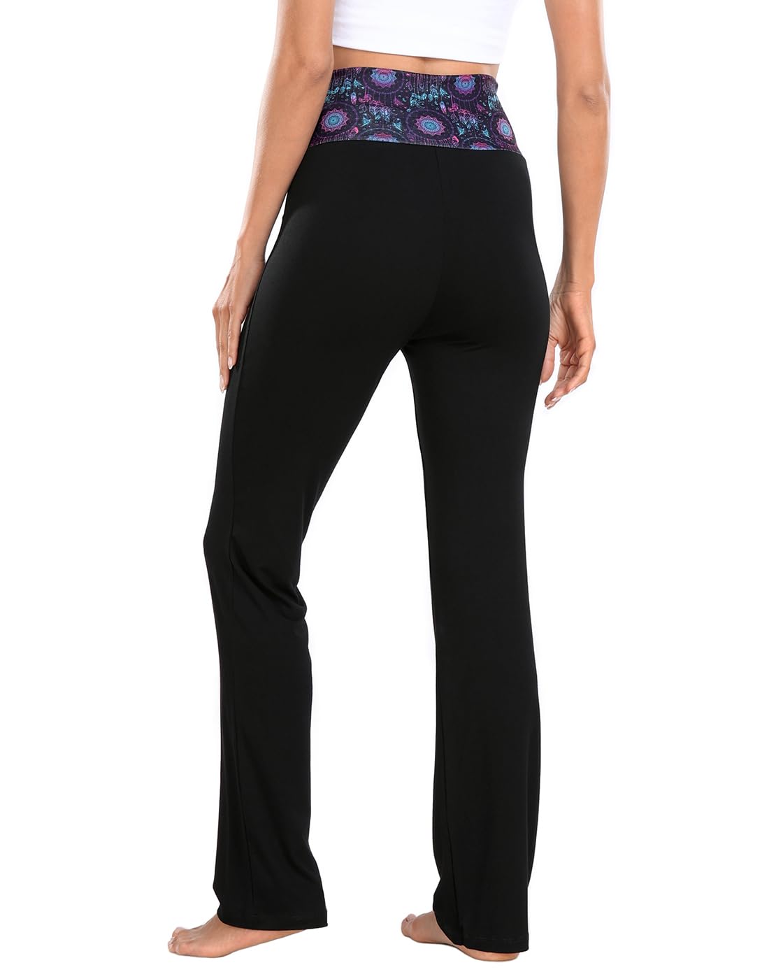 HDE Women's Color Block Fold Over Waist Yoga Pants Flare Leg Workout Leggings Dreamcatcher/Black - XL