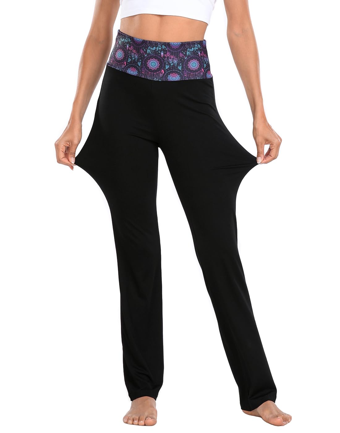 HDE Women's Color Block Fold Over Waist Yoga Pants Flare Leg Workout Leggings Dreamcatcher/Black - XL