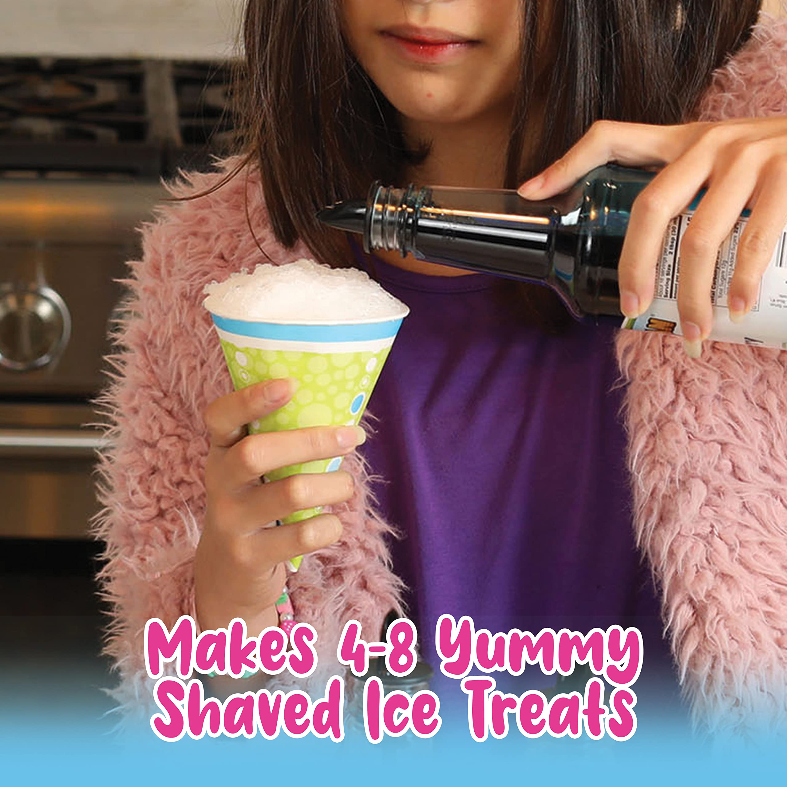 Hawaiian Shaved Ice Snow Cone and Shaved Ice Machine with Blade Adjustment Knob and 5 Reusable Plastic Ice Cups Bundled with 3 Flavor Quart Pack of Cherry, Grape, and Blue Raspberry
