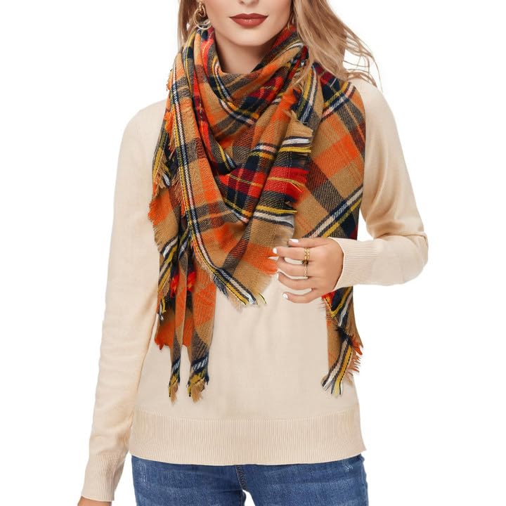 BFONS Plaid Blanket Scarf Winter Fall Scarfs for Women, Warm Soft Chunky Large Blanket Wrap Shawl Oversized Scarves Gift For Women Orange