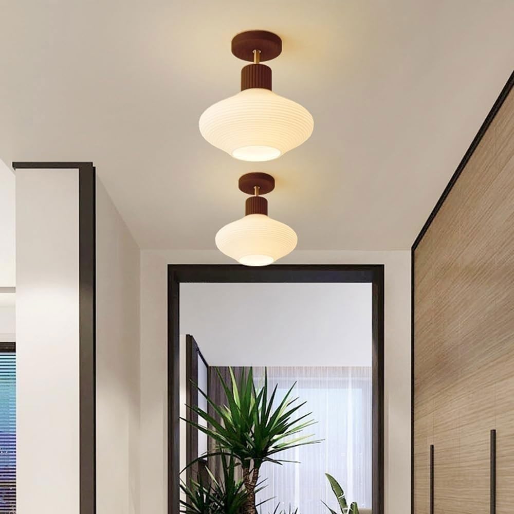 TONFON Indoor Ceiling Lamp with Glass Shade Vintage Wood Ceiling Light Semi-Flush Mount Ceiling Light Fixture for Living Room Bedroom Dining Room Kitchen Hallway Entry Foyer Pendant Lamp