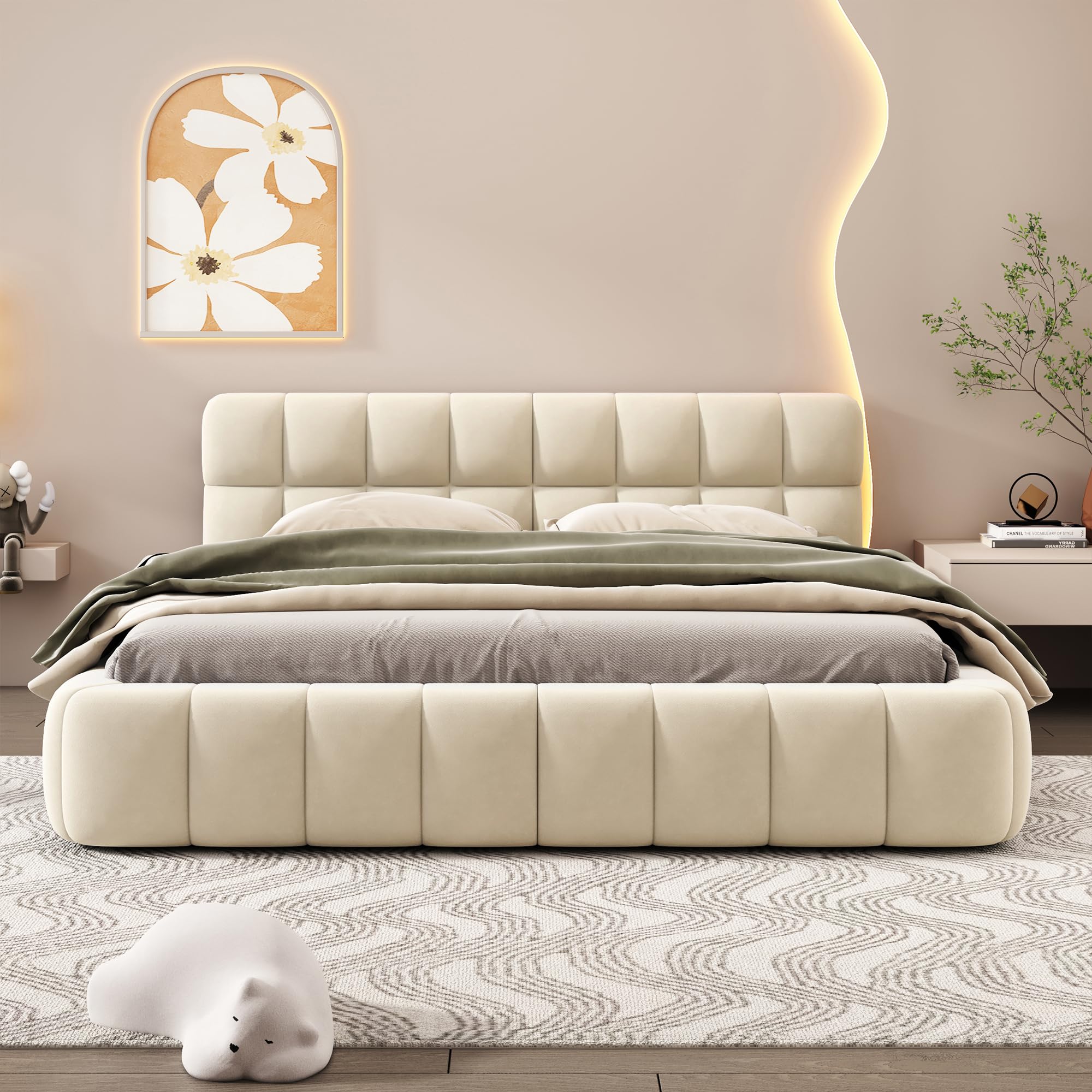 Eafurn Queen Size Bed Frame, Modern Upholstered Bed Frame with Tufted Headboard, Heavy Duty Platform Bed with Wood Slat Support, Grounded Bed with Solid Frame Noise Free, No Box Spring Needed