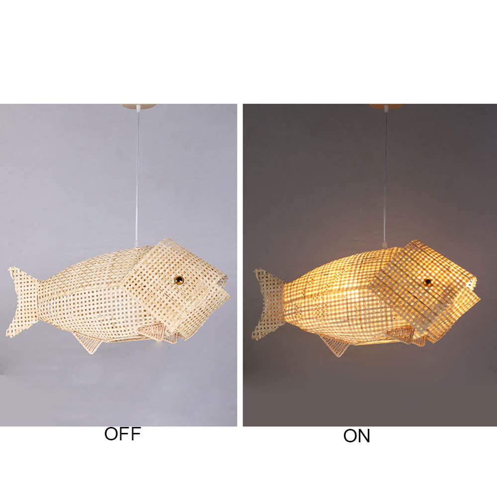 PARREN Fish-Shape Lantern Chandelier Hand-Wove Lamp Shade Modern Boho Style Bamboo Art Wicker Pendant Lamp Adjustable Ceiling Lighting Fixture Over Kitchen Island for Living Room,Dining Room Bedroom