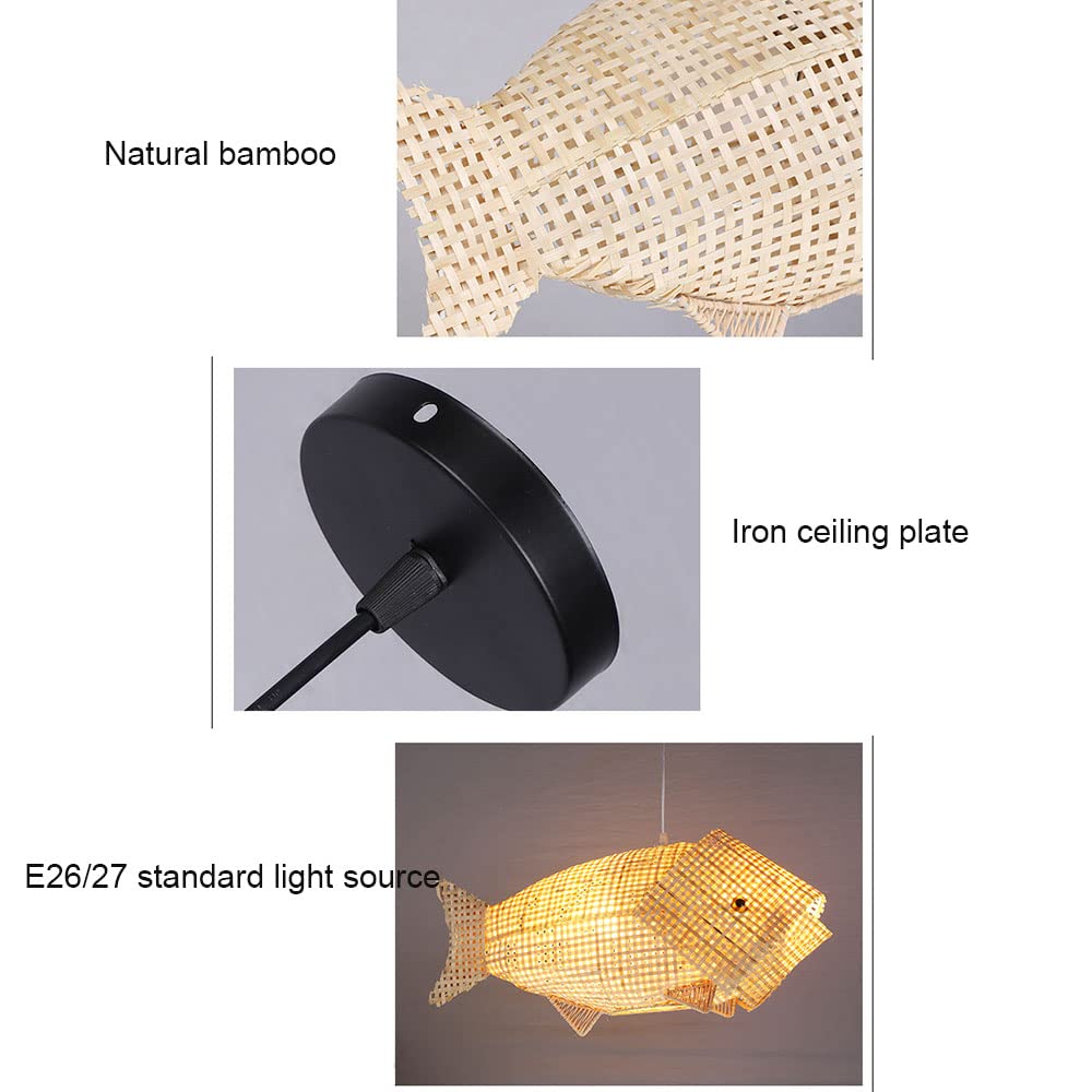 PARREN Fish-Shape Lantern Chandelier Hand-Wove Lamp Shade Modern Boho Style Bamboo Art Wicker Pendant Lamp Adjustable Ceiling Lighting Fixture Over Kitchen Island for Living Room,Dining Room Bedroom