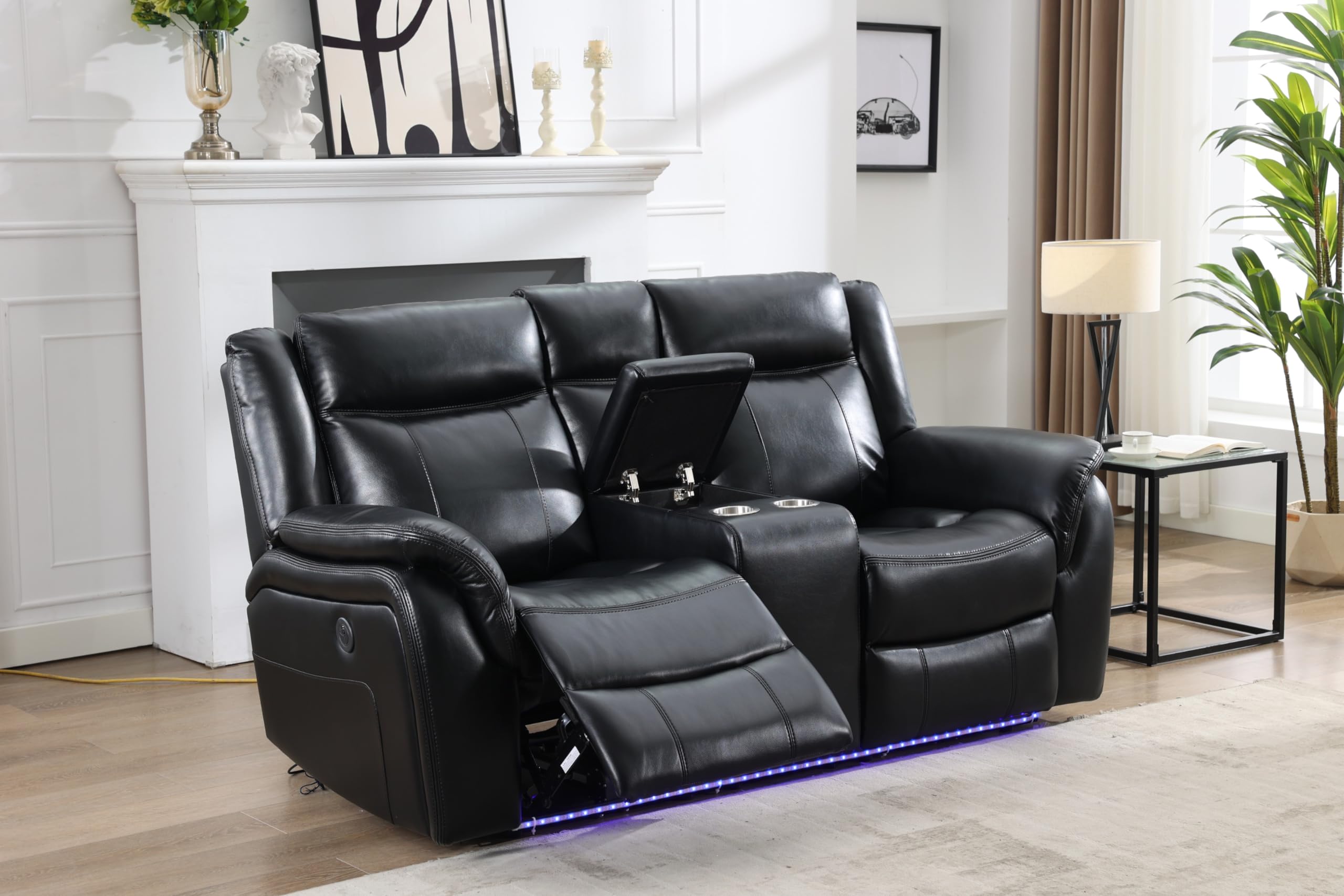 Power Loveseat Recliner Couch with console, Faux Leather Reclining Dual Recliners with LED Lights, Comfort Stretch Love Seat Recliner Sofa, Movie RV Theater Seating Chairs for Living Room, Home, Black