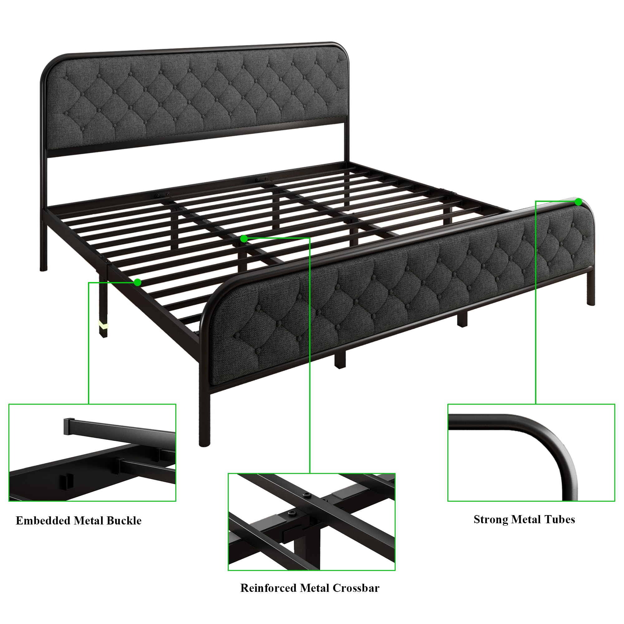 Feonase King Size Bed Frame with Linen Upholstered Headboard, Heavy Duty Metal Platform Bed with 12" Under-Bed Storage Space, No Box Spring Required, Easy to Assemble, Gray
