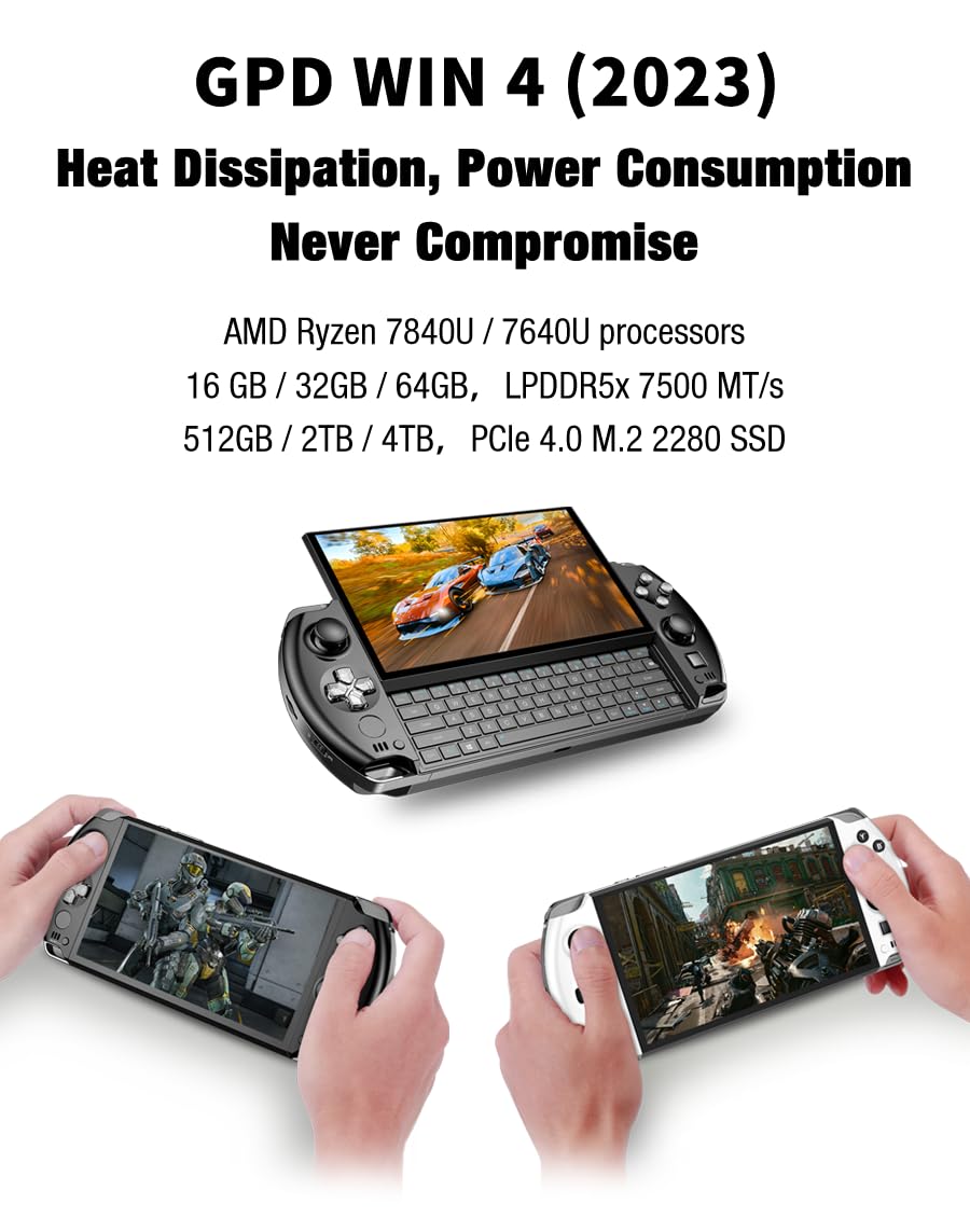 GPD Win 4 2023, Portable Handheld Game Console 6" Touchscreen 1920X1080 Mini Laptop UMPC Win 11 CPU AMD Ryzen 5 7640U 16GB LPDDR5 RAM/512GB M.2 NVMe 2280 SSD Black