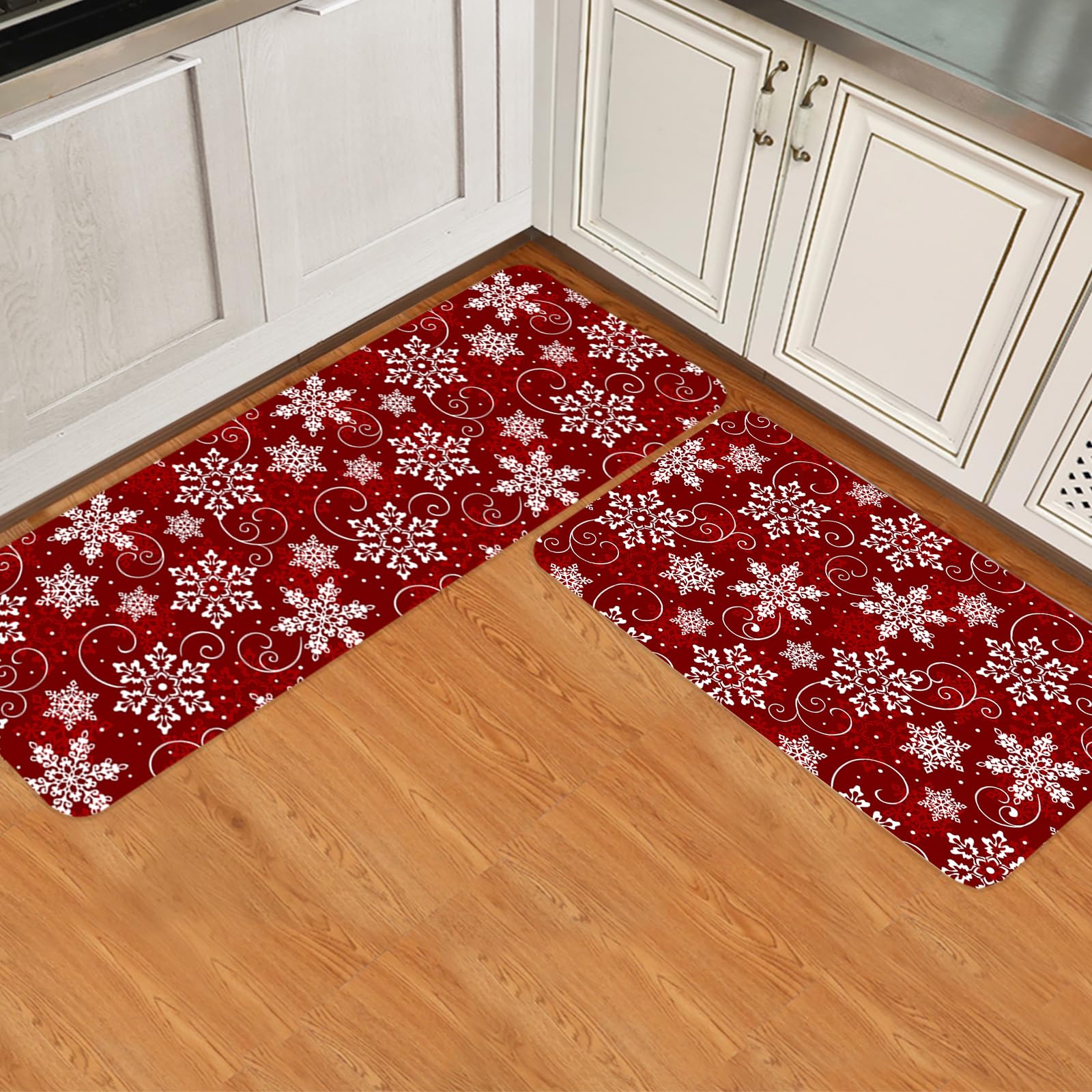 Briskdecor Kitchen Rugs - Winter Christmas Snowflake Red Cushioned Anti Fatigue Comfort Standing Kitchen Rugs for Floors, Non-Skid Waterproof Kitchen Mat, 20"x24"+20"x48"