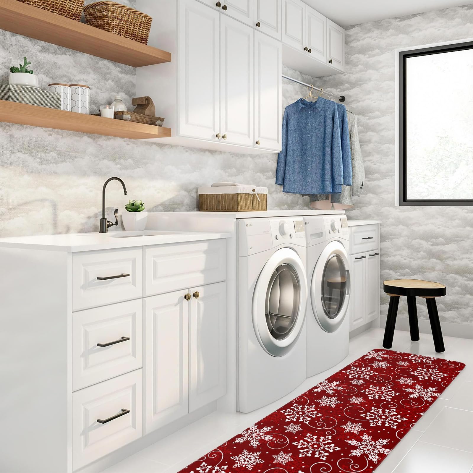 Briskdecor Kitchen Rugs - Winter Christmas Snowflake Red Cushioned Anti Fatigue Comfort Standing Kitchen Rugs for Floors, Non-Skid Waterproof Kitchen Mat, 20"x24"+20"x48"