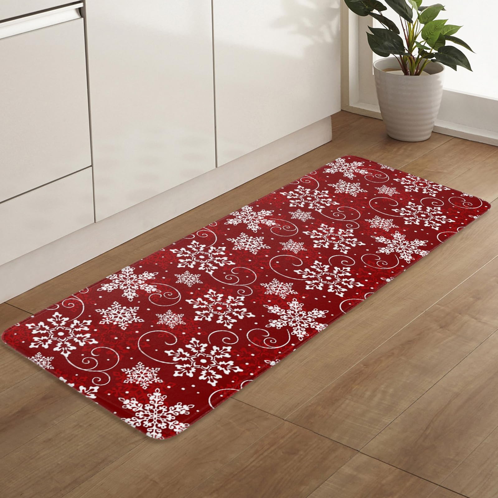 Briskdecor Kitchen Rugs - Winter Christmas Snowflake Red Cushioned Anti Fatigue Comfort Standing Kitchen Rugs for Floors, Non-Skid Waterproof Kitchen Mat, 20"x24"+20"x48"