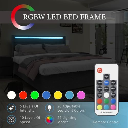 ClouDDwell Queen Bed Frame with RGBW LED Lights, Upholstered Headboard & 4 Storage Drawers, Thickened Hardwood Slats, Dark Grey