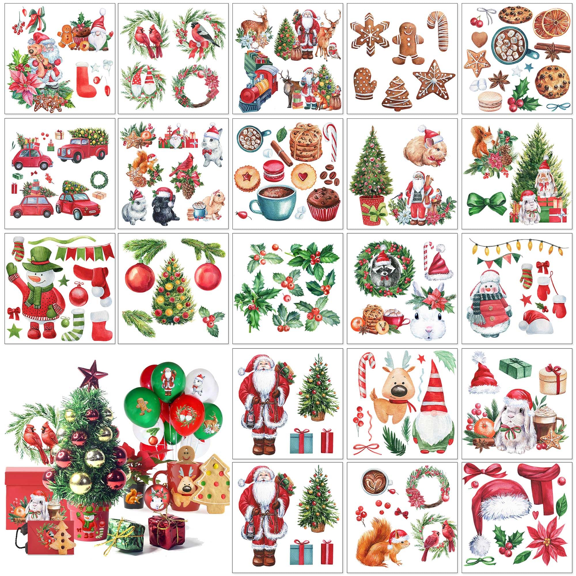 20 Sheets Christmas Rub on Transfers for Crafts and Furniture Rub on Transfers Stickers Red Xmas Rub on Decals Vintage Floral Santa Claus Cardinal for Wood DIY Paper Home Decor, 5.9 x 5.9 Inch