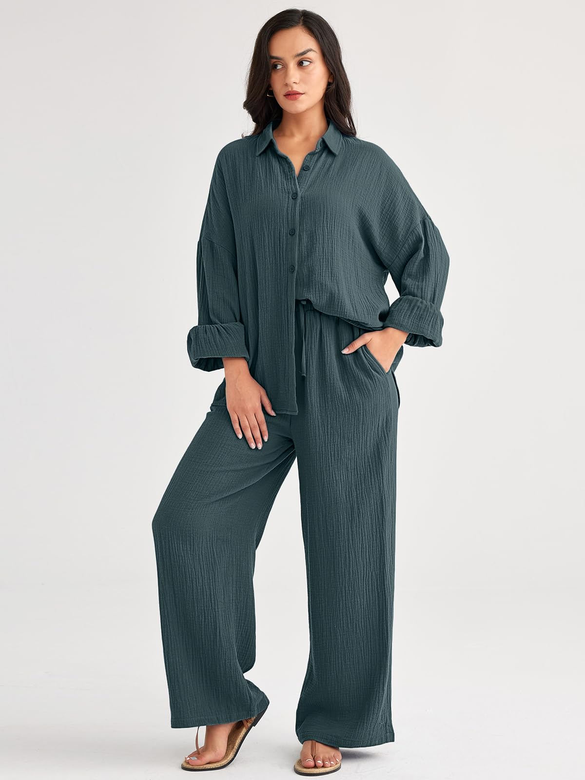 AUTOMET Clothes Womens Two Piece Outfits 2 Piece Matching Lounge Linen Wide Leg Palazzo Pants Sets Sweatsuit Spring Fashion 2024 Tracksuit