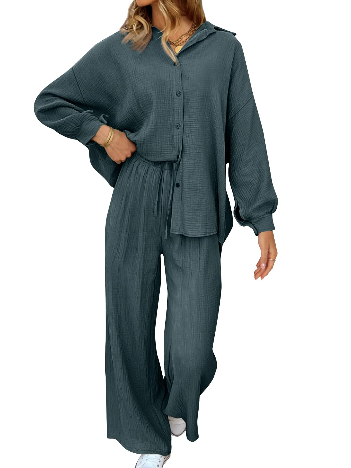 AUTOMET Clothes Womens Two Piece Outfits 2 Piece Matching Lounge Linen Wide Leg Palazzo Pants Sets Sweatsuit Spring Fashion 2024 Tracksuit
