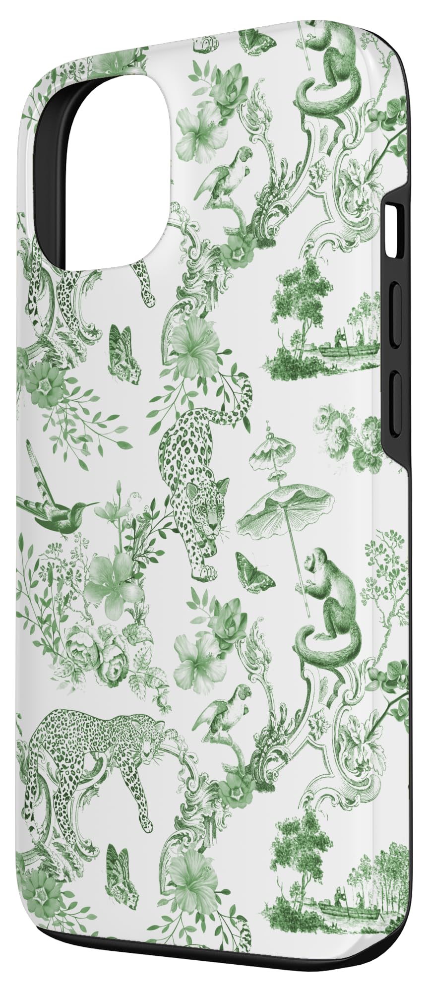 iPhone 13 French Green Toile Chinoiserie with Flowers, Leopards Case