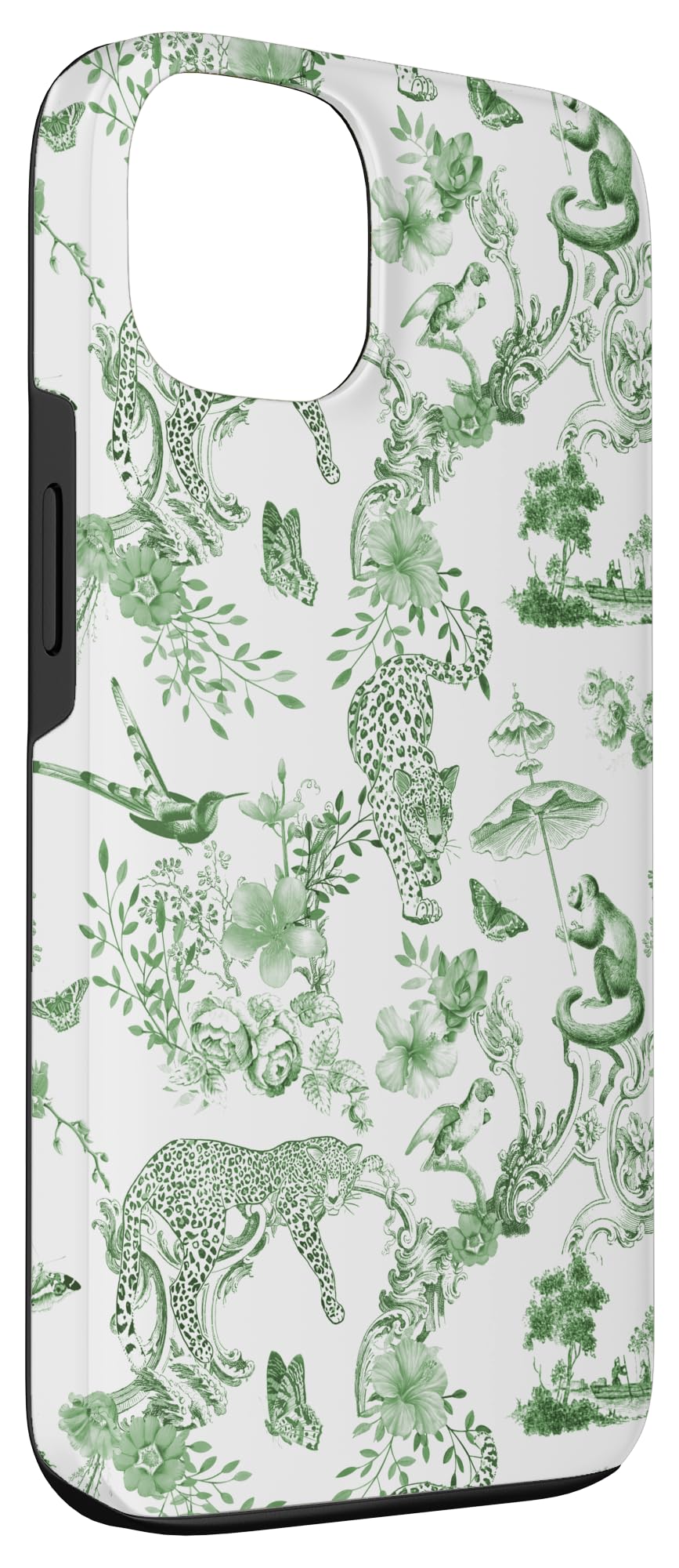 iPhone 13 French Green Toile Chinoiserie with Flowers, Leopards Case