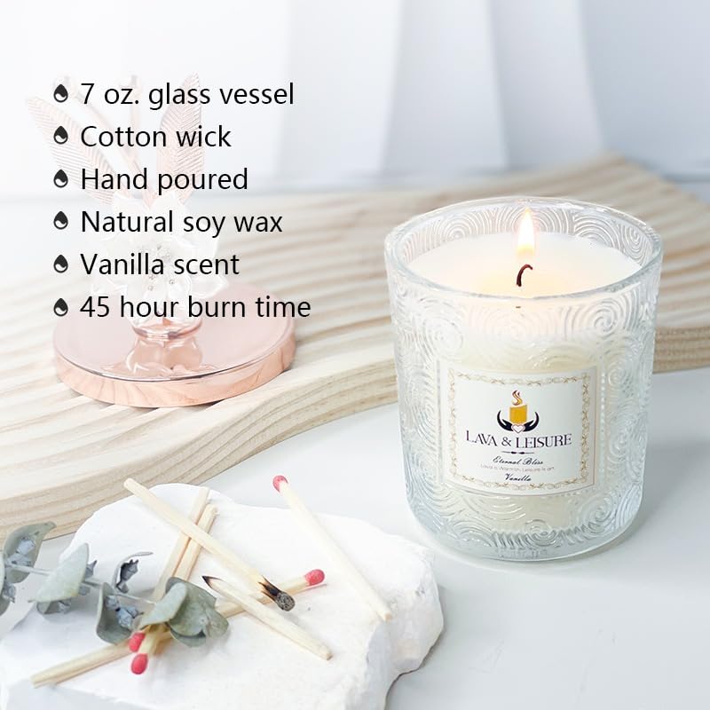 Lava & Leisure Luxury Scented Candles, 7 oz. Glass Vessel, Cotton Wick, Soy Wax, Gift Box, Vanilla Scented, Candles for Home, 45 Hours Long Burning Candle, Decorative Candles, and Aesthetic Candles