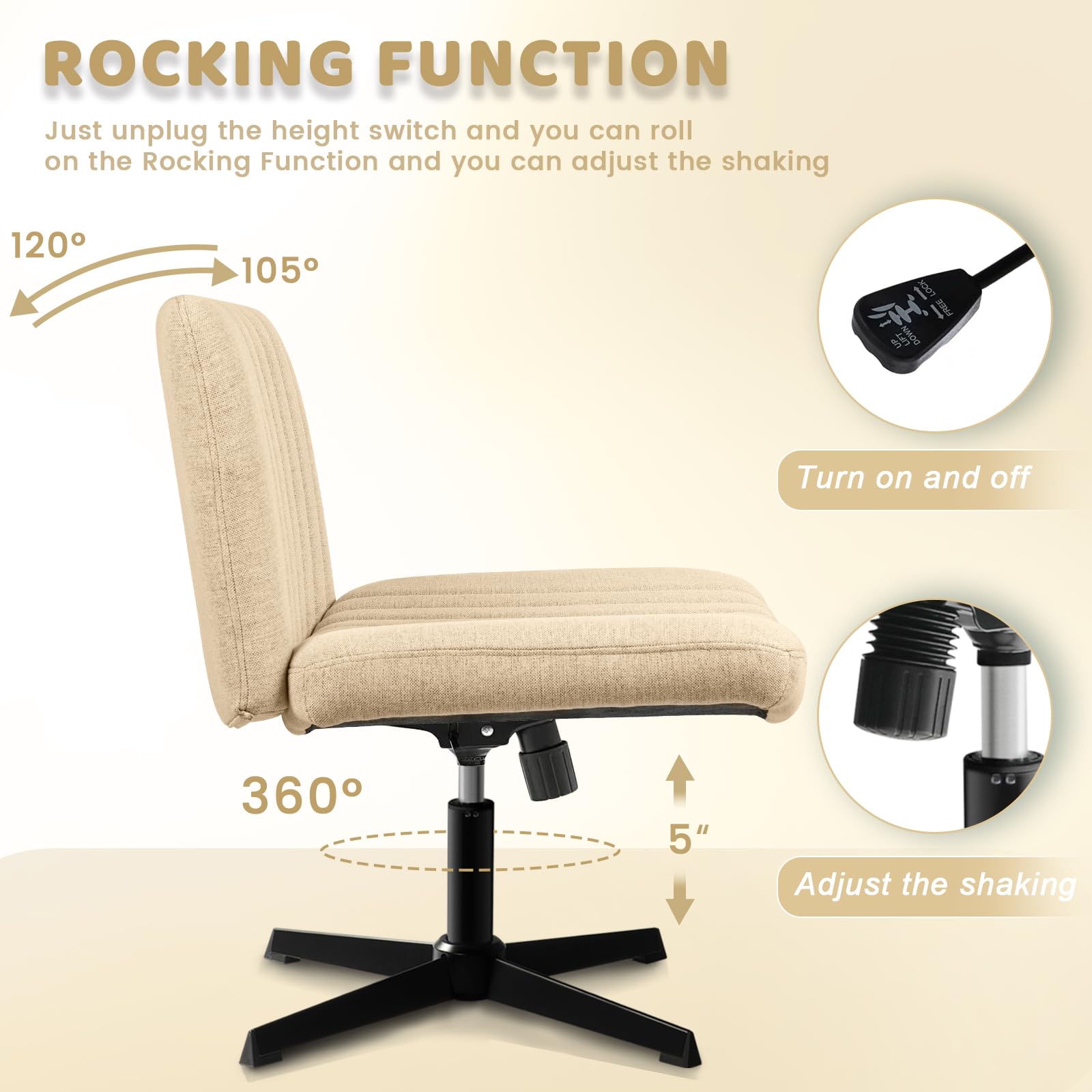 LEMBERI Fabric Padded Desk Chair No Wheels, Armless Wide Swivel Home Office Desk Chair,120° Rocking Mid Back Ergonomic Computer Task Vanity Chair for Office, Home, Make Up,Small Space (Yellow)