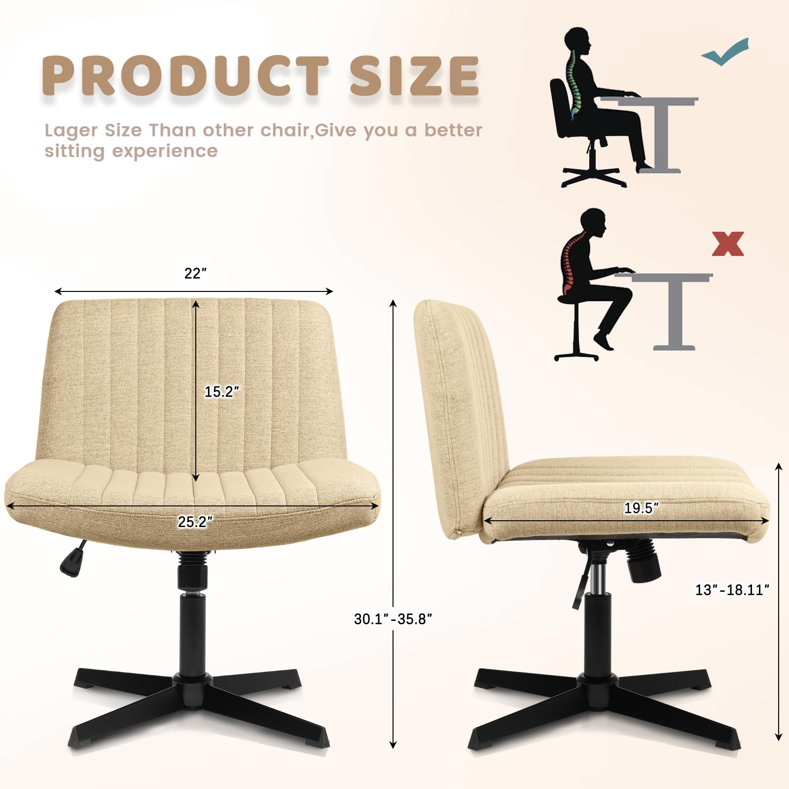 LEMBERI Fabric Padded Desk Chair No Wheels, Armless Wide Swivel Home Office Desk Chair,120° Rocking Mid Back Ergonomic Computer Task Vanity Chair for Office, Home, Make Up,Small Space (Yellow)