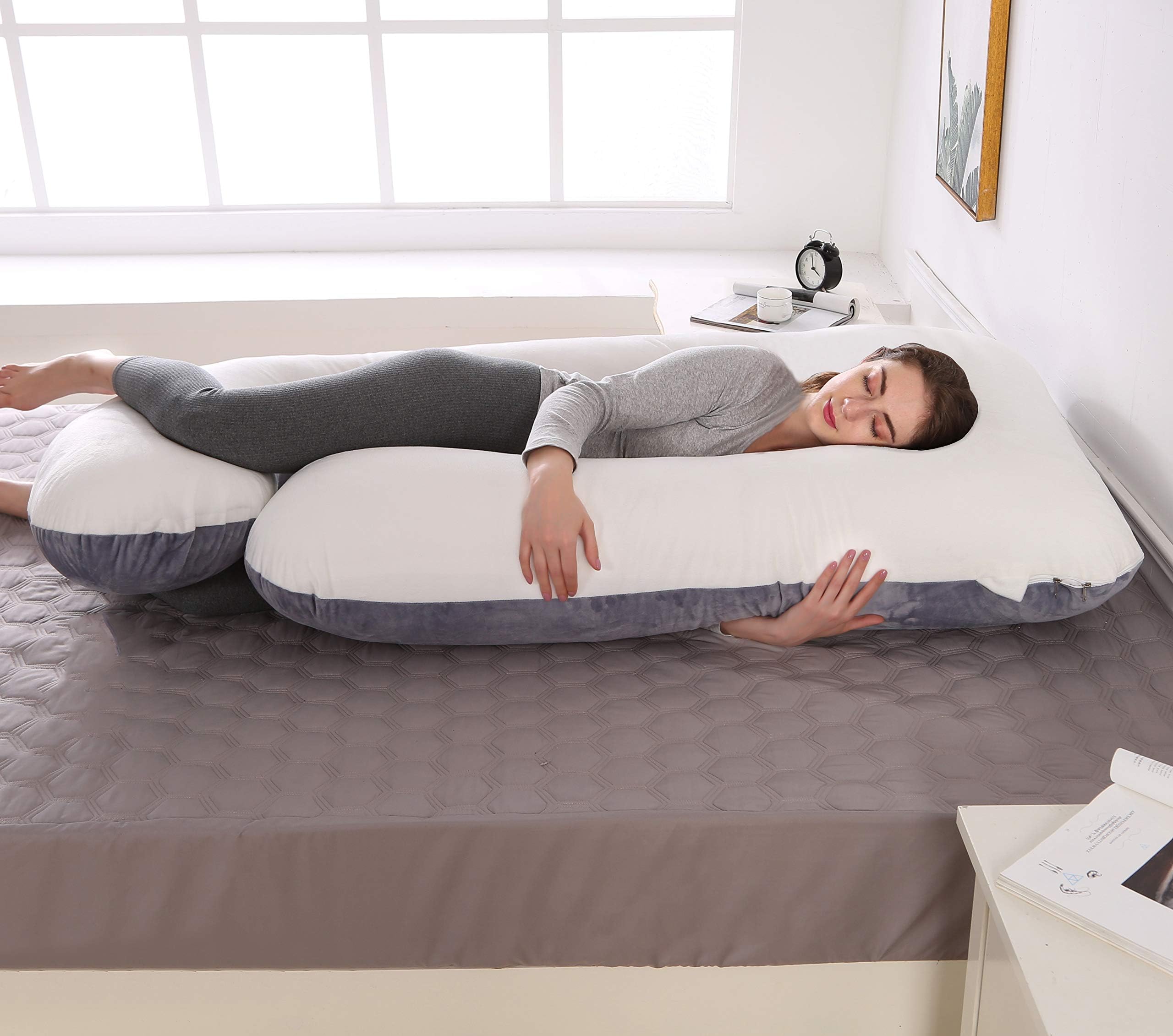 yoyomax J-Shaped Pregnancy Pillows, Full Body Maternity Pillow Memory Foam Pregnancy Pillow with Removable Velvet Cover, 57 Inch Pregnancy Pillows for Sleeping-GREYWHITE
