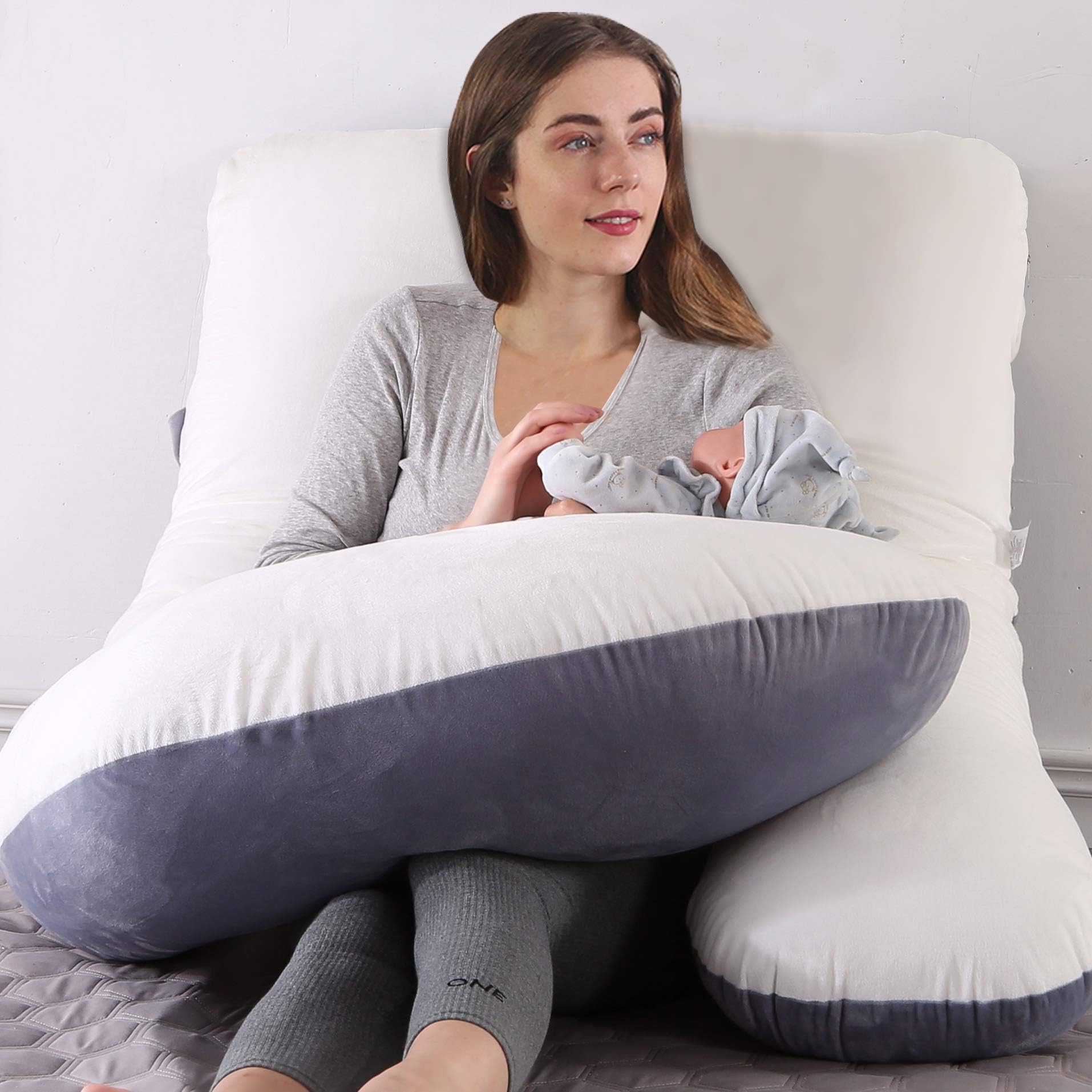 yoyomax J-Shaped Pregnancy Pillows, Full Body Maternity Pillow Memory Foam Pregnancy Pillow with Removable Velvet Cover, 57 Inch Pregnancy Pillows for Sleeping-GREYWHITE