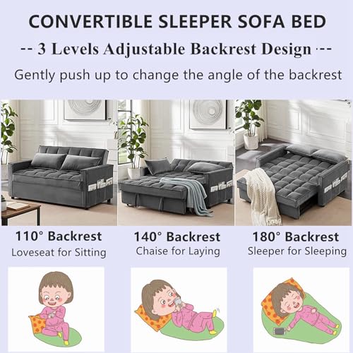 Gagawin Convertible Sofa Bed, 3-in-1 Pull Out Sleeper with 2 Pillows and Side Pockets, Soft Velvet Futon Loveseat Pull Out Bed Couch for Living Room, No.1-Gray