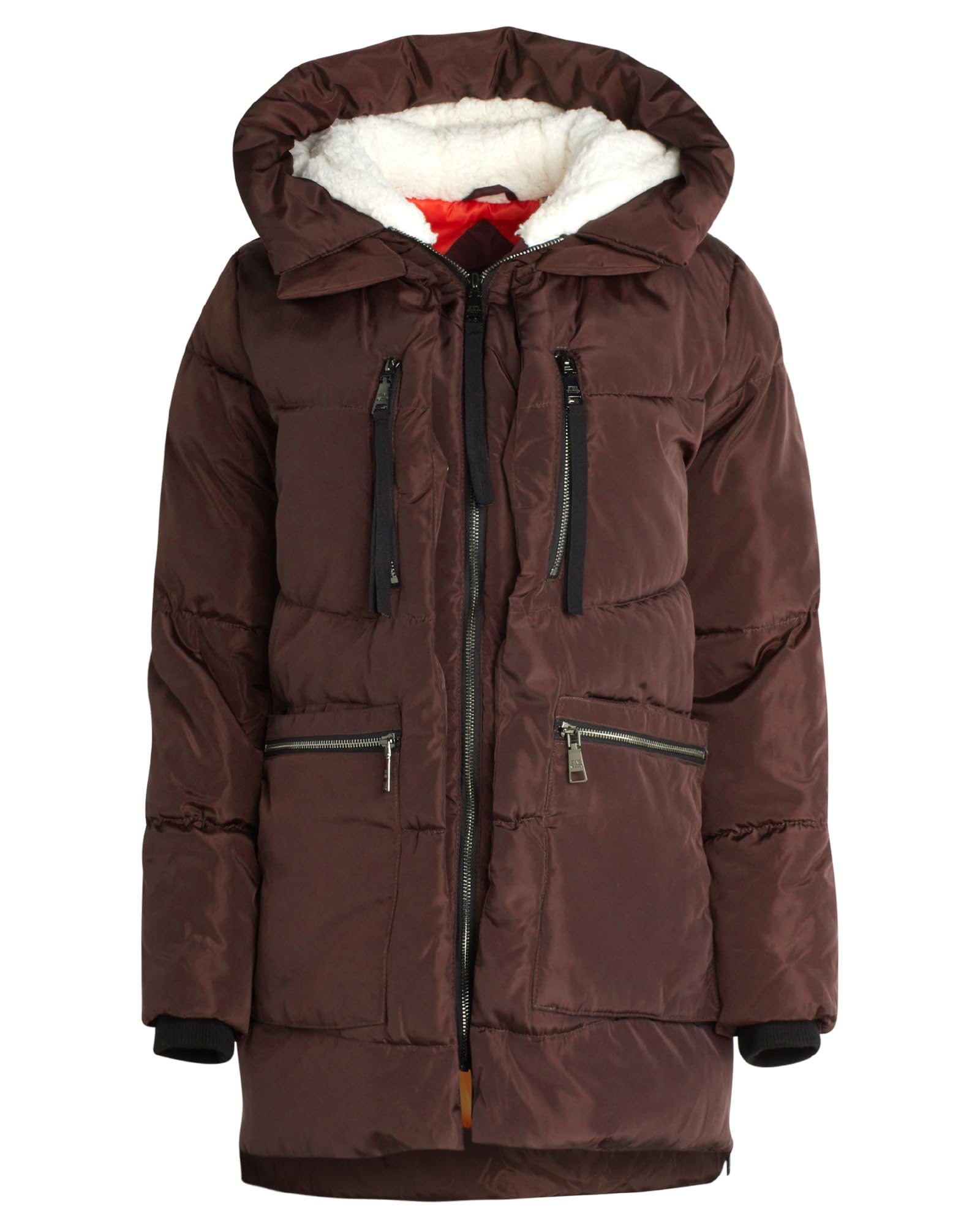 Steve Madden Women's Long Parka - Insulated Quilted Puffer Winter Coat for Women with Faux Sherpa Hood (Sizes: S-XL), Size Medium, Brown