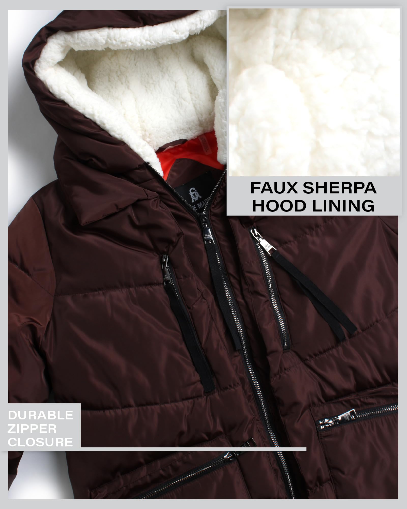 Steve Madden Women's Long Parka - Insulated Quilted Puffer Winter Coat for Women with Faux Sherpa Hood (Sizes: S-XL), Size Medium, Brown