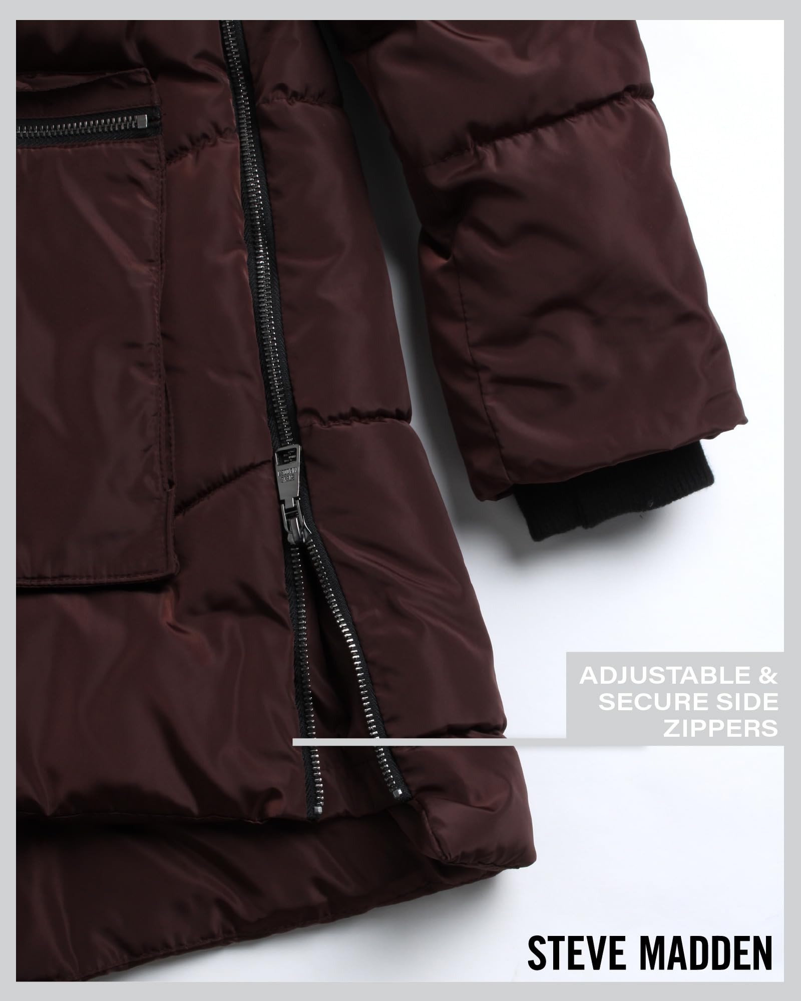 Steve Madden Women's Long Parka - Insulated Quilted Puffer Winter Coat for Women with Faux Sherpa Hood (Sizes: S-XL), Size Medium, Brown