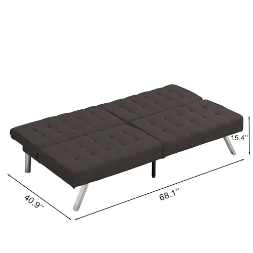 Penifun Convertible Folding Futon Sofa Bed Sleeper Couch for Living Room Linen Fabric Upholstered Loveseat, Solid Wood Frame/Stainless Leg, Espresso