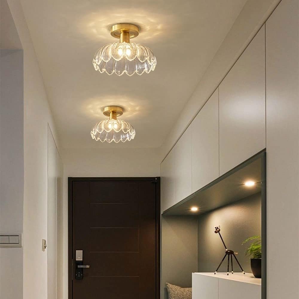 LONGDU Nordic Style Gold Ceiling Lamp,Semi Flush Mount Ceiling Light Fixture, Flower Glass Shade Ceiling Lights,for Bedroom Office Stairs Hotel Living Room Kitchen Hallway